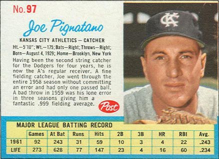 1962 Post Cereal Joe Pignatano #97 Baseball Card - VCP Price Guide