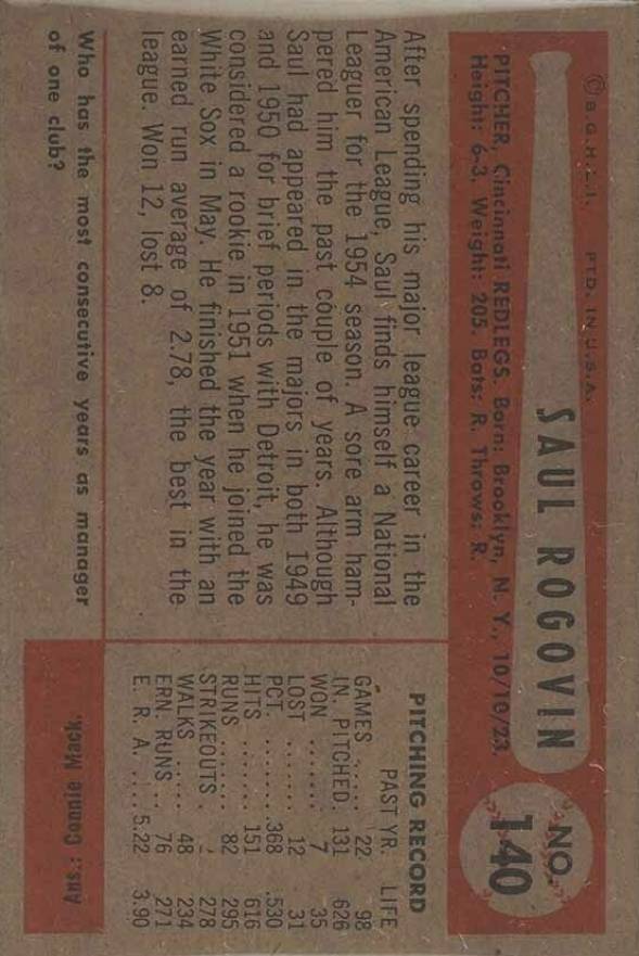 1954 Bowman Saul Rogovin #140c Baseball Card - VCP Price Guide